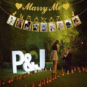 Marriage Proposal Decorations,Gold Marry Me Banner and Photo Banner with Picture Card Frames for Marriage Proposal Ideas Wedding Proposal Decorations.(Gold Glitter)