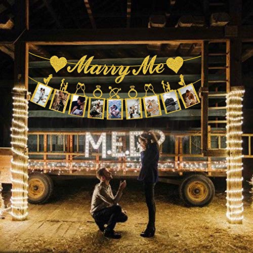 Marriage Proposal Decorations,Gold Marry Me Banner and Photo Banner with Picture Card Frames for Marriage Proposal Ideas Wedding Proposal Decorations.(Gold Glitter)