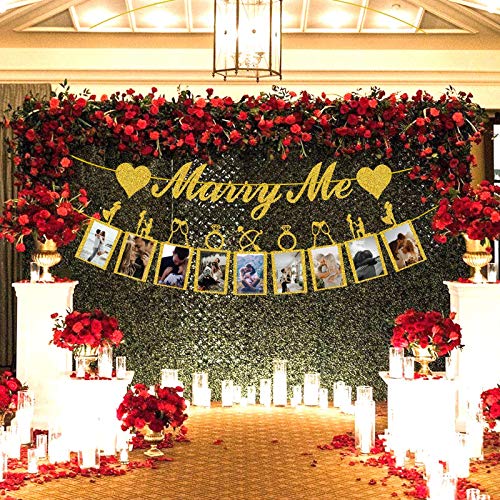 Marriage Proposal Decorations,Gold Marry Me Banner and Photo Banner with Picture Card Frames for Marriage Proposal Ideas Wedding Proposal Decorations.(Gold Glitter)