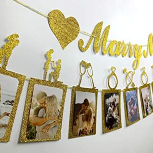 Marriage Proposal Decorations,Gold Marry Me Banner and Photo Banner with Picture Card Frames for Marriage Proposal Ideas Wedding Proposal Decorations.(Gold Glitter)