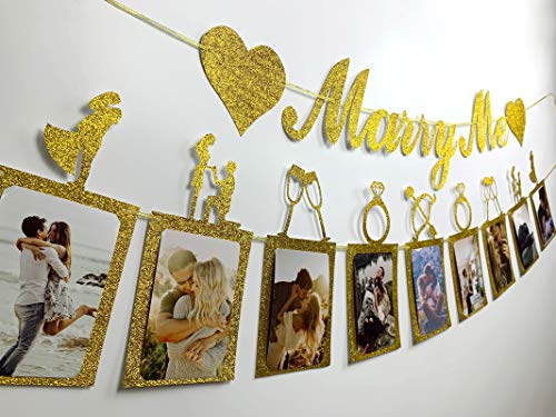 Marriage Proposal Decorations,Gold Marry Me Banner and Photo Banner with Picture Card Frames for Marriage Proposal Ideas Wedding Proposal Decorations.(Gold Glitter)