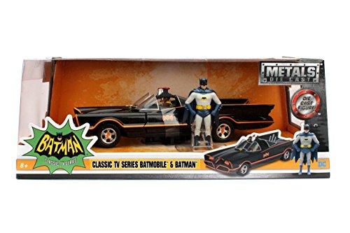 Jada Toys DC Comics 1966 Classic TV Series Batmobile with Batman and Robin figures; 1:24 Scale Metals Die-Cast Collectible Vehicle