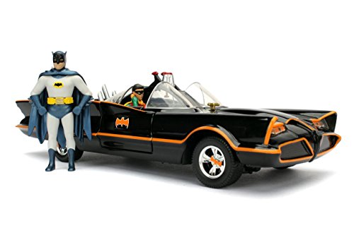 Jada Toys DC Comics 1966 Classic TV Series Batmobile with Batman and Robin figures; 1:24 Scale Metals Die-Cast Collectible Vehicle