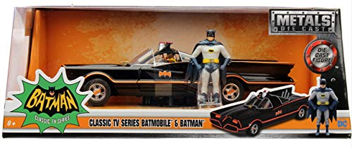 Jada Toys DC Comics 1966 Classic TV Series Batmobile with Batman and Robin figures; 1:24 Scale Metals Die-Cast Collectible Vehicle