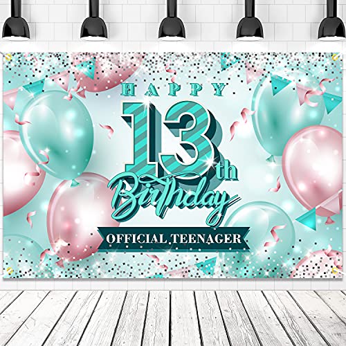 Happy 13th Birthday Banner Backdrop Official Teenager 13 Years Old Pink and Teal Background Bday Decorations for Girls Photography Party Supplies Glitter