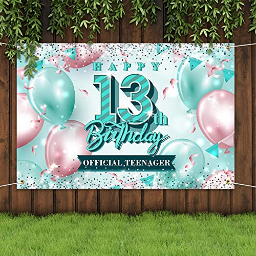 Happy 13th Birthday Banner Backdrop Official Teenager 13 Years Old Pink and Teal Background Bday Decorations for Girls Photography Party Supplies Glitter