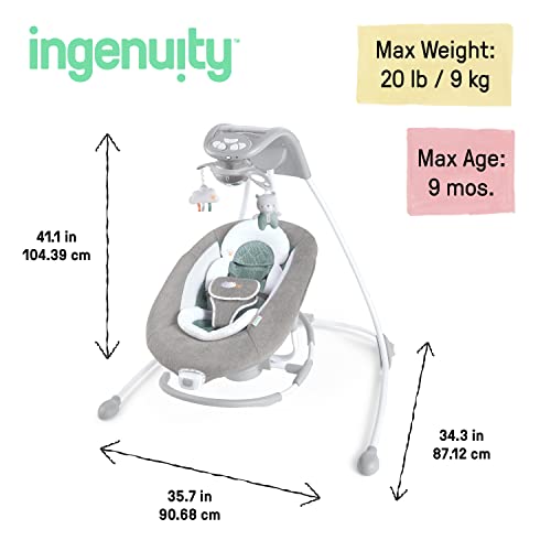 Ingenuity InLighten 2-in-1 Baby Swing & Rocker - Cool Mesh Fabric, Vibrations, Swivel Infant Seat, Nature Sounds, Light Up Mobile - Pemberton