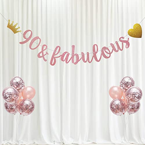 90 & fabulous Banner, Pre-Strung, No Assembly Required, Funny Rose Gold Paper Glitter Party Decorations for 90th Birthday Party Supplies, Letters Rose Gold,ABCpartyland