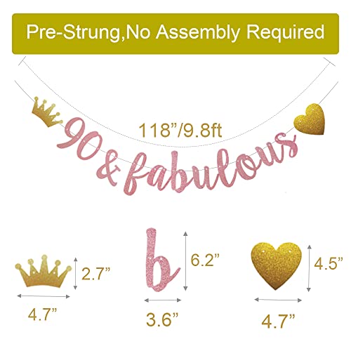 90 & fabulous Banner, Pre-Strung, No Assembly Required, Funny Rose Gold Paper Glitter Party Decorations for 90th Birthday Party Supplies, Letters Rose Gold,ABCpartyland