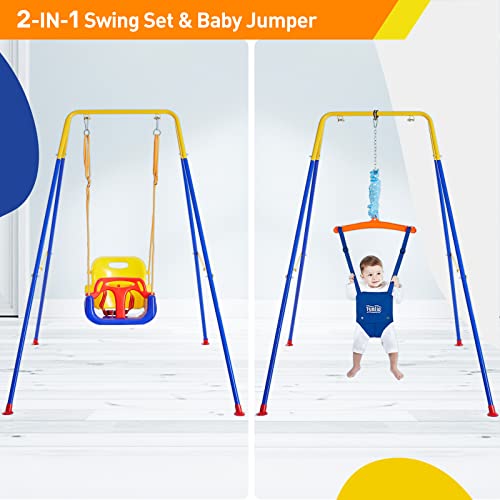 FUNLIO 2 in 1 Swing Set for Toddler & Baby Jumper, Heavy Duty Kids Swing & Bouncer with 4 Sandbags, Foldable Metal Stand for Indoor/Outdoor Play, Easy to Assemble and Store