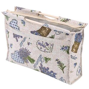 knitting bag, wood handle woven fabric storage bag travel yarn storage tote organizer crochet bag for knitting needles sewing tools(blue flower)