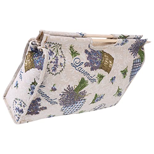 Knitting Bag, Wood Handle Woven Fabric Storage Bag Travel Yarn Storage Tote Organizer Crochet Bag for Knitting Needles Sewing Tools(Blue Flower)