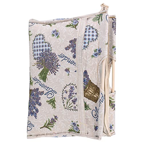 Knitting Bag, Wood Handle Woven Fabric Storage Bag Travel Yarn Storage Tote Organizer Crochet Bag for Knitting Needles Sewing Tools(Blue Flower)