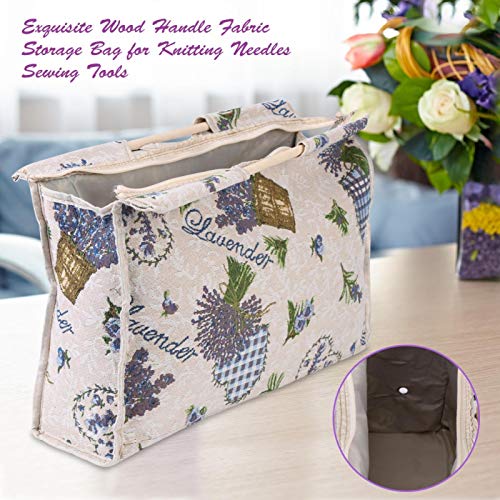 Knitting Bag, Wood Handle Woven Fabric Storage Bag Travel Yarn Storage Tote Organizer Crochet Bag for Knitting Needles Sewing Tools(Blue Flower)