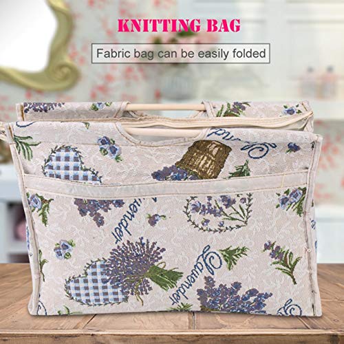 Knitting Bag, Wood Handle Woven Fabric Storage Bag Travel Yarn Storage Tote Organizer Crochet Bag for Knitting Needles Sewing Tools(Blue Flower)