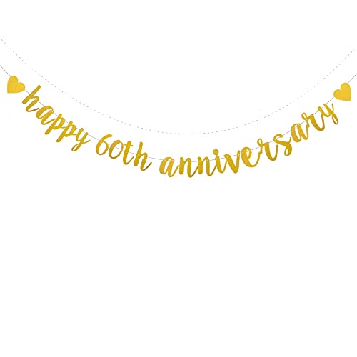 XIAOLUOLY Gold Glitter Happy 60th Anniversary Banner,Pre-Strung,60th Wedding Anniversary Party Decorations Bunting Sign Backdrops,Happy 60th Anniversary