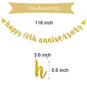 XIAOLUOLY Gold Glitter Happy 60th Anniversary Banner,Pre-Strung,60th Wedding Anniversary Party Decorations Bunting Sign Backdrops,Happy 60th Anniversary