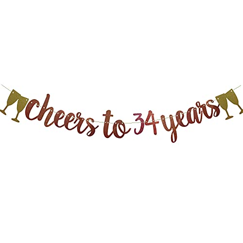 Cheers To 34 Years Banner,Pre-Strung, Rose Gold Paper Glitter Party Decorations For 34TH Wedding Anniversary 34 Years Old 34TH Birthday Party Supplies Letters Rose Gold ZHAOFEIHN