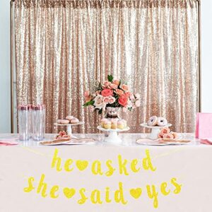 Engagement Party Decorations, Rose & Gold Engaged He Asked She Said Yes Banner, Bachelorette Party Favors, Glitter Diamond Bride Sign for Bridal Shower Hen Party Supplies Backdrop Decor (Gold)