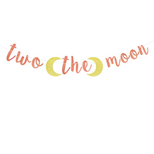 Rose Gold Glitter Two the Moon Banner - Cheers to 2 Years Bunting Sign- Sweet Baby Girl/Sweet Baby Boy/Baby Shower/Happy 2nd Birthday Party Decorations Supplies for Child (Pre-Strung)