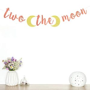 Rose Gold Glitter Two the Moon Banner - Cheers to 2 Years Bunting Sign- Sweet Baby Girl/Sweet Baby Boy/Baby Shower/Happy 2nd Birthday Party Decorations Supplies for Child (Pre-Strung)