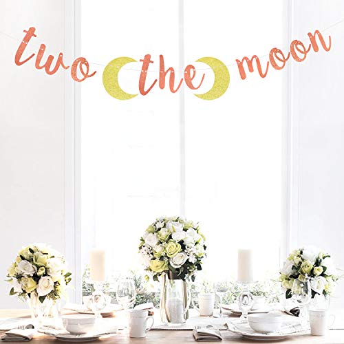 Rose Gold Glitter Two the Moon Banner - Cheers to 2 Years Bunting Sign- Sweet Baby Girl/Sweet Baby Boy/Baby Shower/Happy 2nd Birthday Party Decorations Supplies for Child (Pre-Strung)