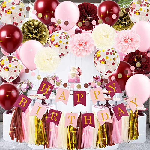 Qian's Party Burgundy Pink Birthday Party Decorations Burgundy Pink Gold Fall Birthday Decorations Tissue Paper Pom Pom Happy Birthday Banner/Burgundy Fall Birthday Decorations