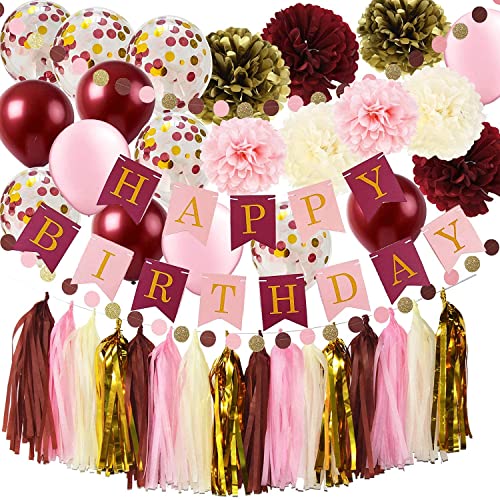 Qian's Party Burgundy Pink Birthday Party Decorations Burgundy Pink Gold Fall Birthday Decorations Tissue Paper Pom Pom Happy Birthday Banner/Burgundy Fall Birthday Decorations