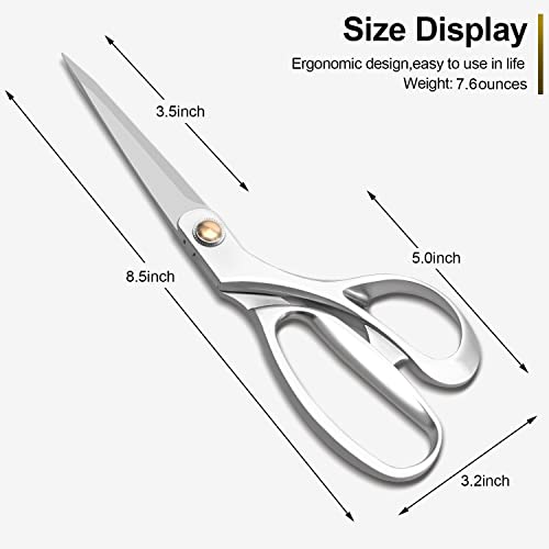 Fabric Scissors 8.5 Inch Heavy Duty Dressmaking Shears Sewing Tailor Scissors, Ultra Sharp All Metal Stainless Steel Craft Household Scissors for Cutting Fabric, Leather, and Raw Materials（Silver）