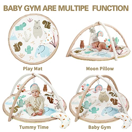 Washable Baby Gym Activity Center with Animal Play Mat, Visual, Hearing, Touch, Cognitive Early Development Playmats, 6 Toys for Infant & Toddler, Larger, Non Slip