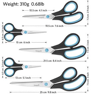 Uaugulft Scissors, Stainless Steel All Purpose Scissors, Craft Scissors with Soft Grip Handle, Blue & Black, 9.8”/8.5”/7.6”/6”/5”, Set of 5