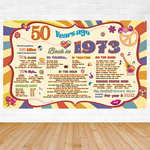 Crenics 50th Birthday Party Decorations, Retro Hippie Boho Back in 1973 Birthday Backdrop Banner, Large 50 Birthday Anniversary Poster Photo Background Party Supplies for Women Men, 5.9 x 3.6 Ft