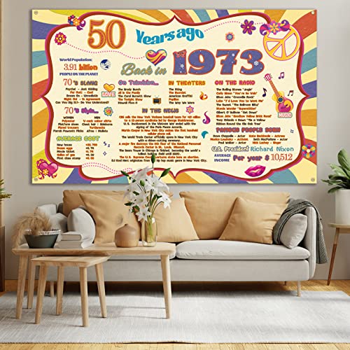 Crenics 50th Birthday Party Decorations, Retro Hippie Boho Back in 1973 Birthday Backdrop Banner, Large 50 Birthday Anniversary Poster Photo Background Party Supplies for Women Men, 5.9 x 3.6 Ft