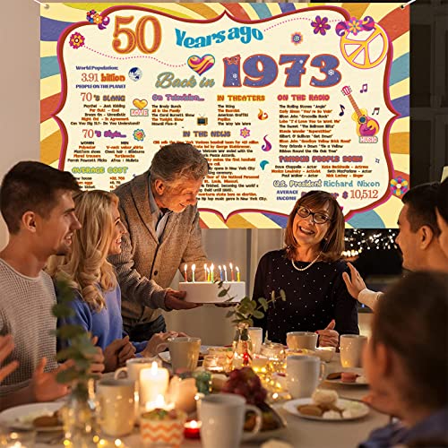 Crenics 50th Birthday Party Decorations, Retro Hippie Boho Back in 1973 Birthday Backdrop Banner, Large 50 Birthday Anniversary Poster Photo Background Party Supplies for Women Men, 5.9 x 3.6 Ft