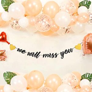 We Will Miss You Banner Sign for Retirement Farewell Party Decorations Black Glitter Pre-Strung Banner for Goodbye Party (Gold Heart)