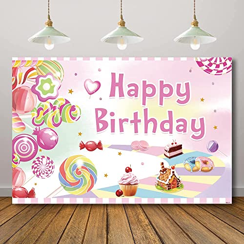 Rarcoirs Candy Birthday Party Backdrop for Kids Girls Sweet Birthday Desserts Background Candyland Cupcake Lollipop Donut Bday Cake Table Banner Favors 71X47inch, One Size