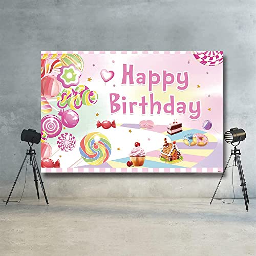 Rarcoirs Candy Birthday Party Backdrop for Kids Girls Sweet Birthday Desserts Background Candyland Cupcake Lollipop Donut Bday Cake Table Banner Favors 71X47inch, One Size