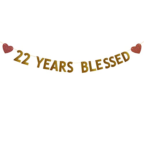 Betteryanzi Gold 22 Years Blessed Banner,Pre-Strung,22nd Birthday / Wedding Anniversary Party Decorations Supplies,Gold Glitter Paper Garlands Backdrops,Letters Gold 22 YEARS BLESSED