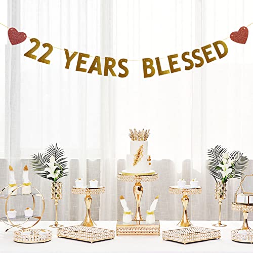 Betteryanzi Gold 22 Years Blessed Banner,Pre-Strung,22nd Birthday / Wedding Anniversary Party Decorations Supplies,Gold Glitter Paper Garlands Backdrops,Letters Gold 22 YEARS BLESSED