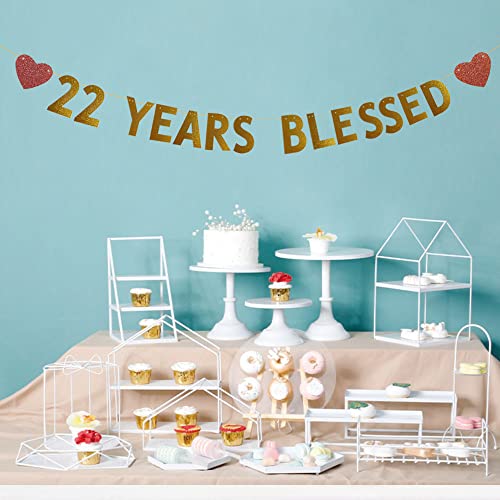 Betteryanzi Gold 22 Years Blessed Banner,Pre-Strung,22nd Birthday / Wedding Anniversary Party Decorations Supplies,Gold Glitter Paper Garlands Backdrops,Letters Gold 22 YEARS BLESSED