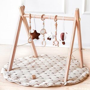 wooden baby play gym with mat, foldable baby play gym frame activity gym hanging bar with 5 gym baby toys rainbow playmats gift for newborn baby (natural)