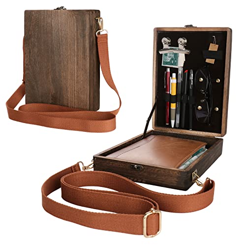 Garhelper Writers Messenger Wood Box,Multi-Function Artist Tool & Brush Storage Box,Retro Walnut Wooden Craft Portable Crossbody Postman Bag with Locking Clasp for creatives architects,Sketcher,Writer