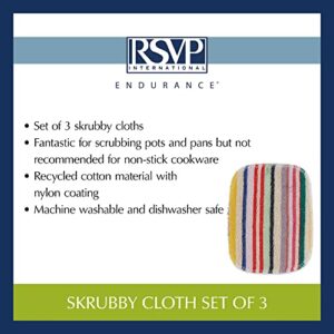 RSVP International Skrubby Cleaning Collection Machine Washable, Nylon Coated, Pot & Pan Scrubbing, Cloths, 3 Piece, Multi-Color Stripe