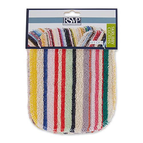 RSVP International Skrubby Cleaning Collection Machine Washable, Nylon Coated, Pot & Pan Scrubbing, Cloths, 3 Piece, Multi-Color Stripe