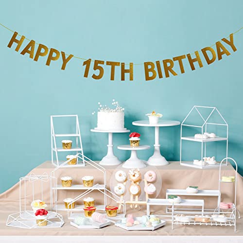 HAPPY 15TH BIRTHDAY Banner，Pre-strung，No Assembly Required，15th Birthday Party Decorations Supplies，Gold Glitter Paper Garlands Backdrops, Letters Gold Betteryanzi