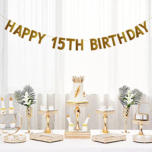 HAPPY 15TH BIRTHDAY Banner，Pre-strung，No Assembly Required，15th Birthday Party Decorations Supplies，Gold Glitter Paper Garlands Backdrops, Letters Gold Betteryanzi