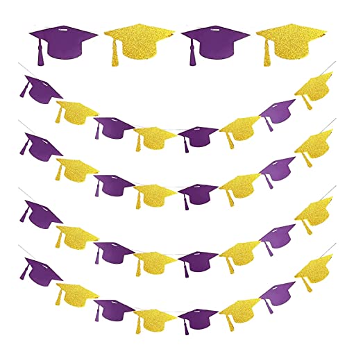 Graduation Party Decorations Purple Gold 2023 NYU Graduation Decorations 4pcs Graduation Hat Banner Garlands Glitter Purple Gold for 2023 Graduation Party Supplies