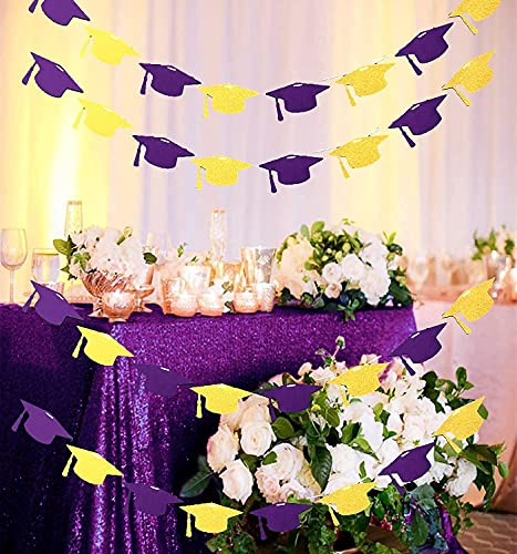 Graduation Party Decorations Purple Gold 2023 NYU Graduation Decorations 4pcs Graduation Hat Banner Garlands Glitter Purple Gold for 2023 Graduation Party Supplies