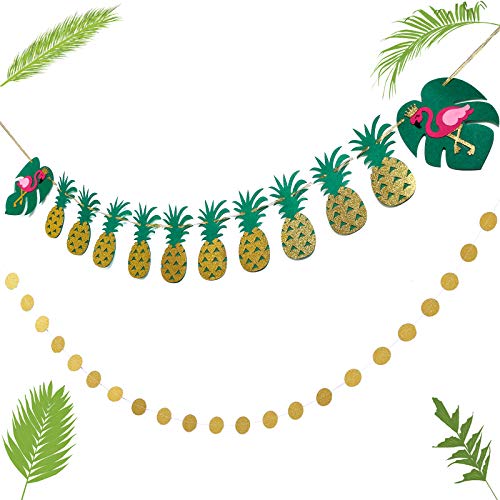 Gold Glittery Birthday Banner with Pineapple garland and Gold Circle Dots Garland for Hawaiian Luau Tropical Summer Theme Party Garland Favor Party Decortaion Supplies