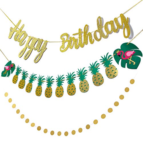 Gold Glittery Birthday Banner with Pineapple garland and Gold Circle Dots Garland for Hawaiian Luau Tropical Summer Theme Party Garland Favor Party Decortaion Supplies